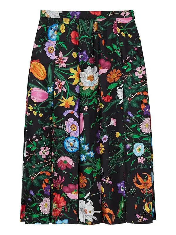 Gucci Pleated Midi Skirt In Silk Twill With Flora Print - Multicolor