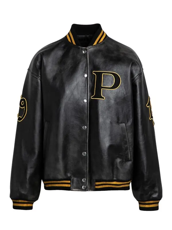 Prada Leather Bomber Jacket With Patches - Black