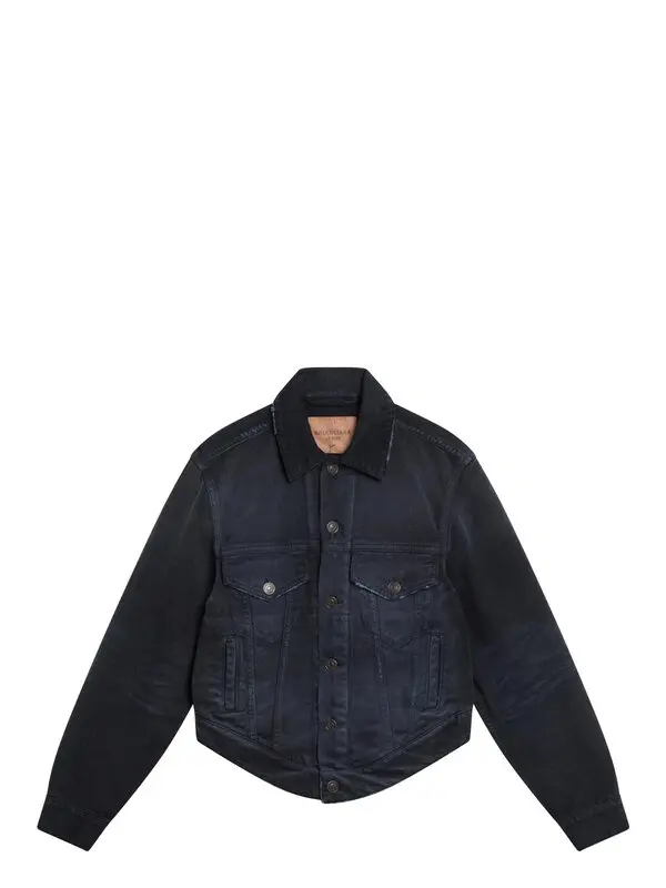 Balenciaga Dark Navy Washed Cotton Denim Jacket With Curved Waist - Blue