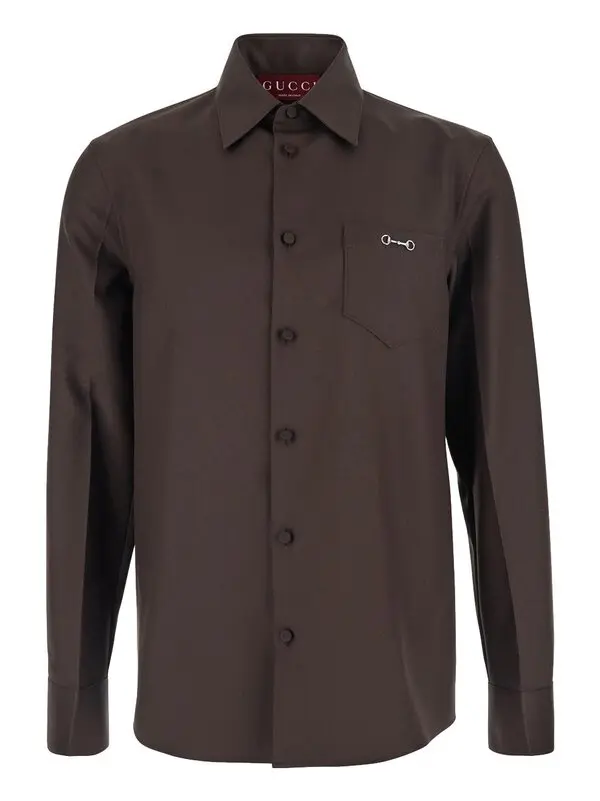 Gucci Brown Shirt With Classic Collar And Horsebit On The Front In Cotton Blend And Fabric - Multicolor