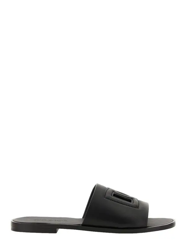 Dolce & Gabbana Leather Logo Slide Sandals - Black