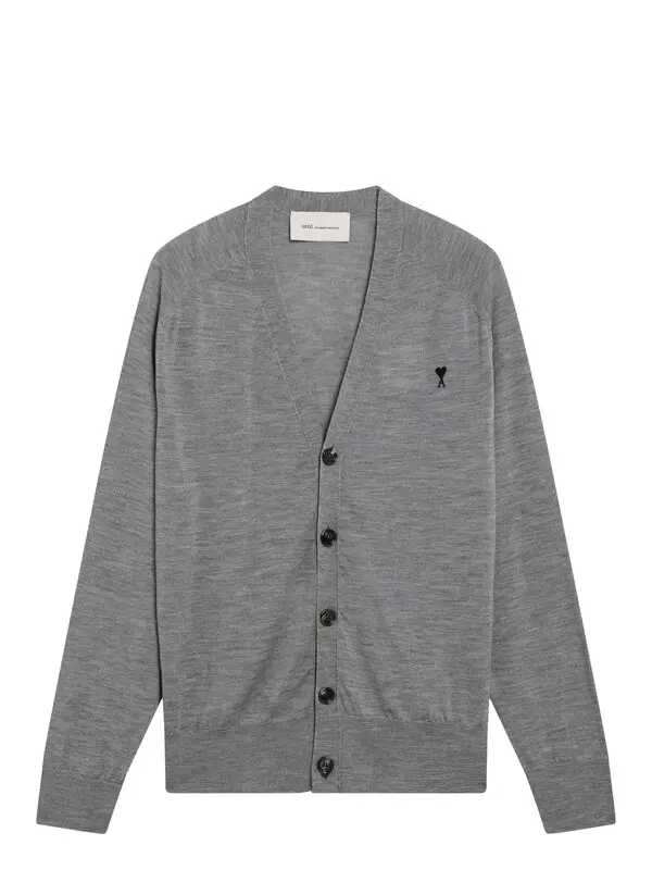 Ami Merino Wool V-neck Cardigan With De Coeur Embroidery - Gray