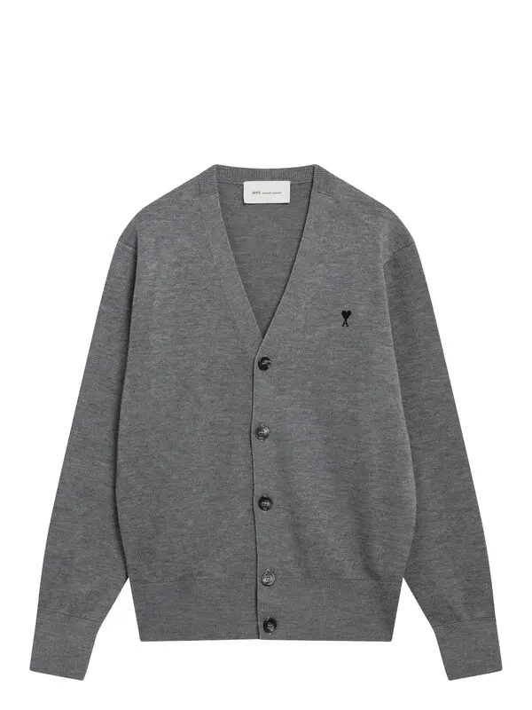 AMI Paris Merino Wool V-neck Cardigan With De Coeur Embroidery - Gray