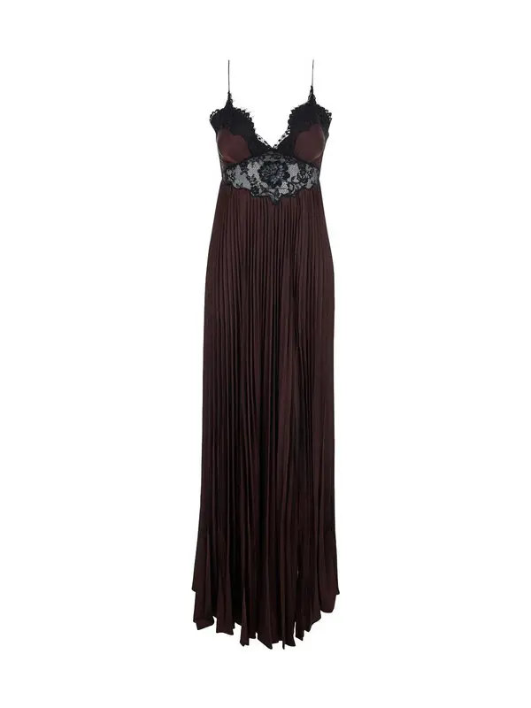 SELF-PORTRAIT Brown Satin Maxi Dress With Lace Inserts - Multicolor