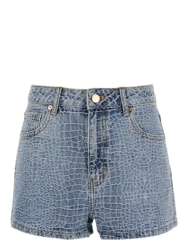 SELF-PORTRAIT Rhinestone Croc Effect Denim Shorts - Multicolor