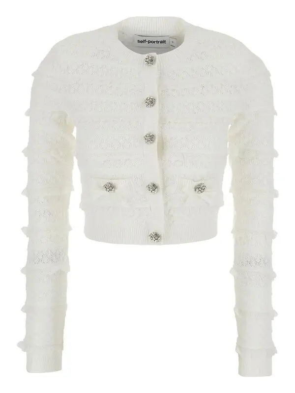 SELF-PORTRAIT White Pointelle Diamante Cardigan - Multicolor