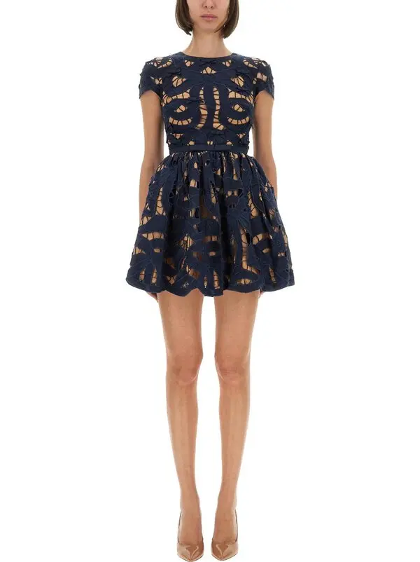 SELF-PORTRAIT Embroidered Mini Dress With Bow Detail - Blue