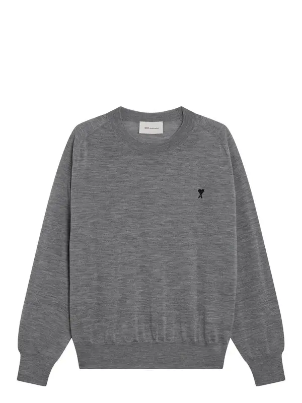 Ami Merino Wool Crewneck Sweater With De Coeur Embroidery - Gray
