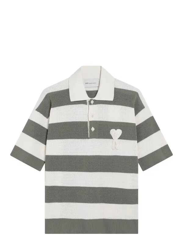 Ami Cotton Knit Polo Shirt With De Coeur Applique - White