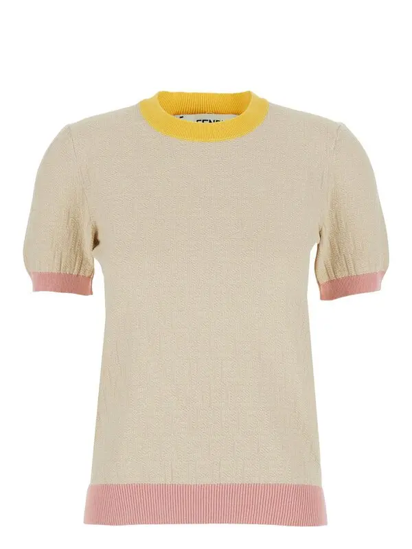 Fendi Short Sleeve Knit T-shirt With Color Block Details - Cream