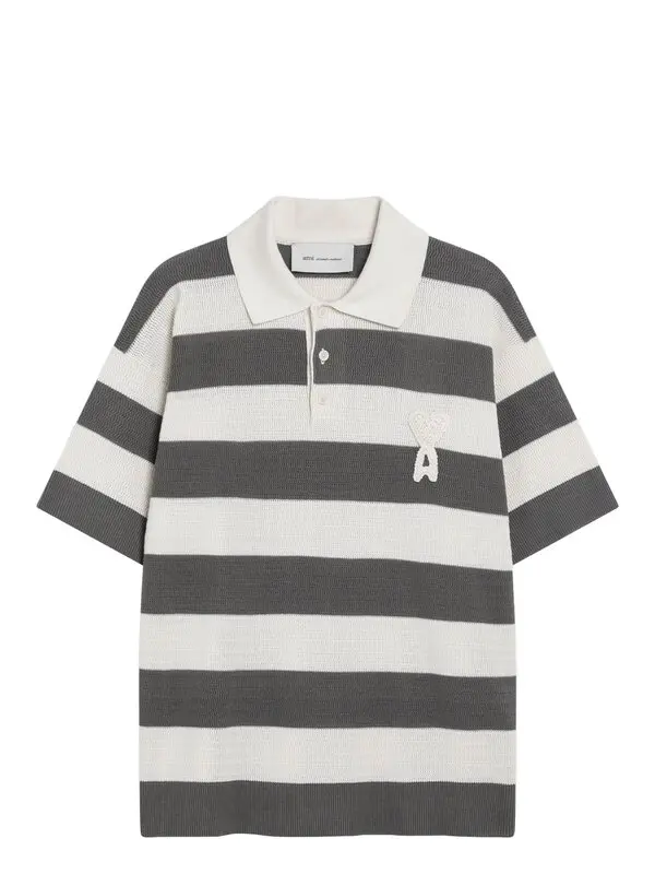 AMI Paris De Coeur Striped Cotton Knit Polo Shirt - White