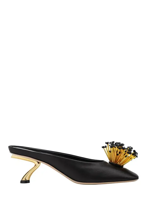 FERRAGAMO Satin Mules With Sculptural Heel And Crystal Flower - Black