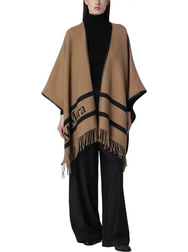 Max Mara Camel Jacquard Wool Poncho With Leather Trim And Fringe - Brown