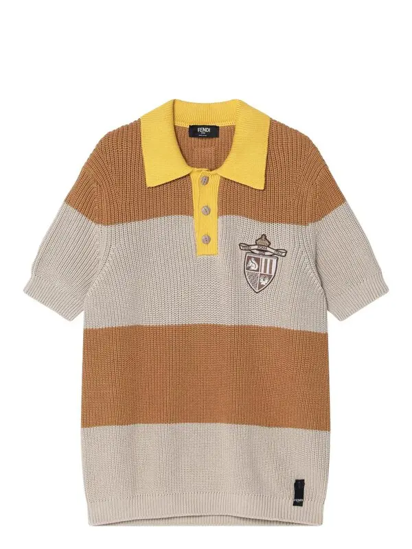 Fendi Knitted Cotton Polo Shirt With Sand And Beige Stripes - Gray