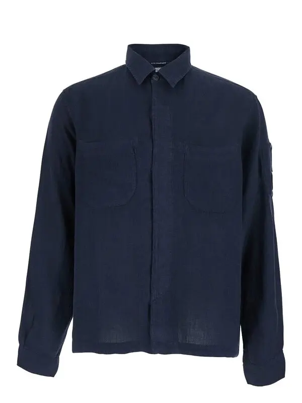 C.P. COMPANY Blue Shirt With Classic Collar And Logo Plate On The Sleeve In Linen - Multicolor