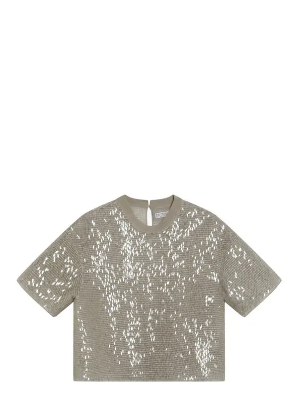Brunello Cucinelli Dazzling Cascade Embroidery T-shirt In Crispy Silk - Cream
