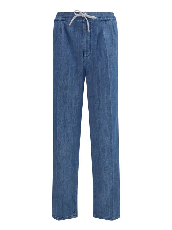 Brunello Cucinelli Lightweight Denim Pants With Double Pleats And Drawstring - Blue