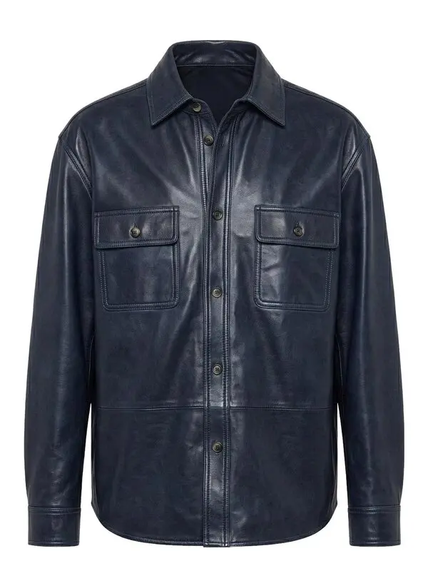 Loewe Oversized Navy Shirt In Leather And Cotton - Blue