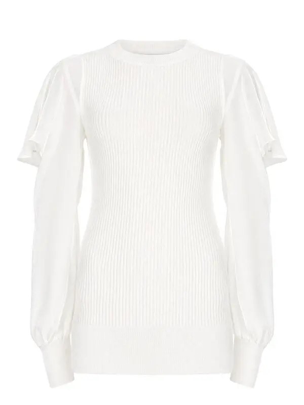 Sacai Ribbed Knit Top With Sheer Sleeves - White