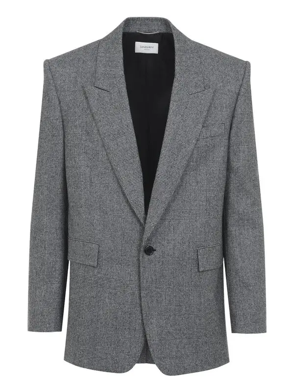 Saint Laurent Grey Checkered Wool Blazer - Black