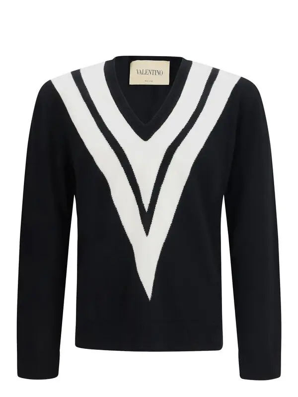 Valentino Garavani Virgin Wool Sweater With Intarsia V Detail - Black