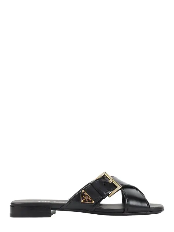 Prada Calf Leather Sandals With Gold-tone Buckle - Black