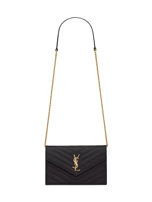 Saint Laurent Cassandre Chain Envelope Clutch In Grain De Poudre Leather - Black