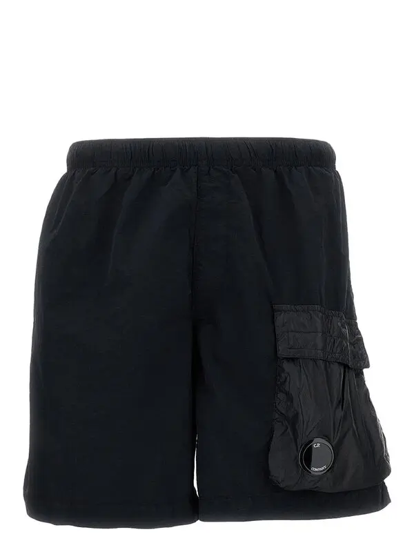 C.P. COMPANY Black Nylon Crinkled Effect Cargo Beachwear Shorts - Multicolor