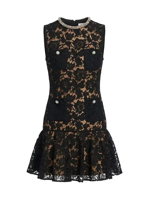 SELF-PORTRAIT Lace Crystal Mini Dress - Black
