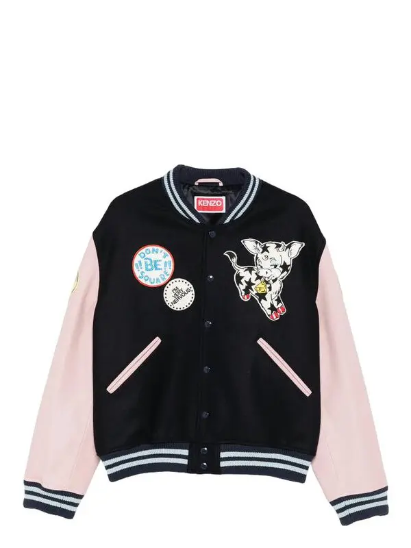 Kenzo Wool & Lambskin Varsity Jacket With Appliqu - Blue