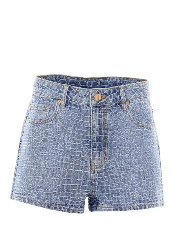 SELF-PORTRAIT Rhinestone Croc Effect Denim Shorts - Blue