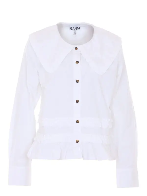 GANNI Stretch Cotton Ruffle Shirt - White