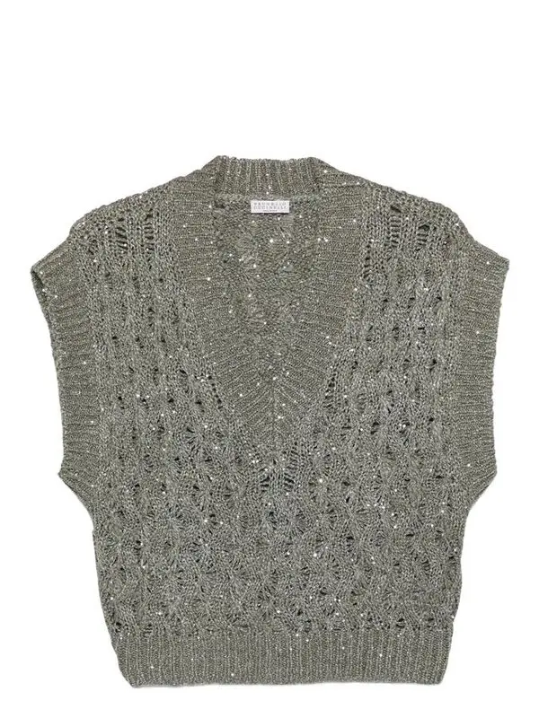 Brunello Cucinelli Sequin Embellished V-neck Knit Vest - Gray