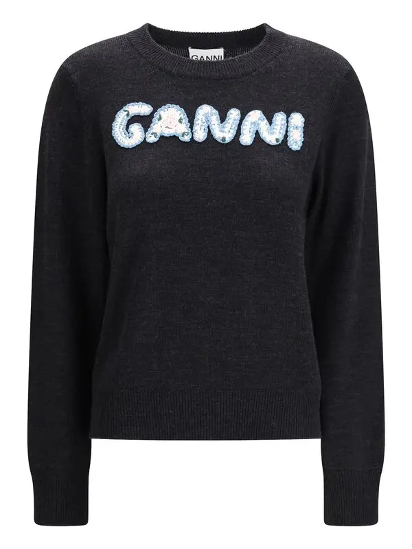 GANNI Crochet Appliqué Merino Wool Sweater - Gray