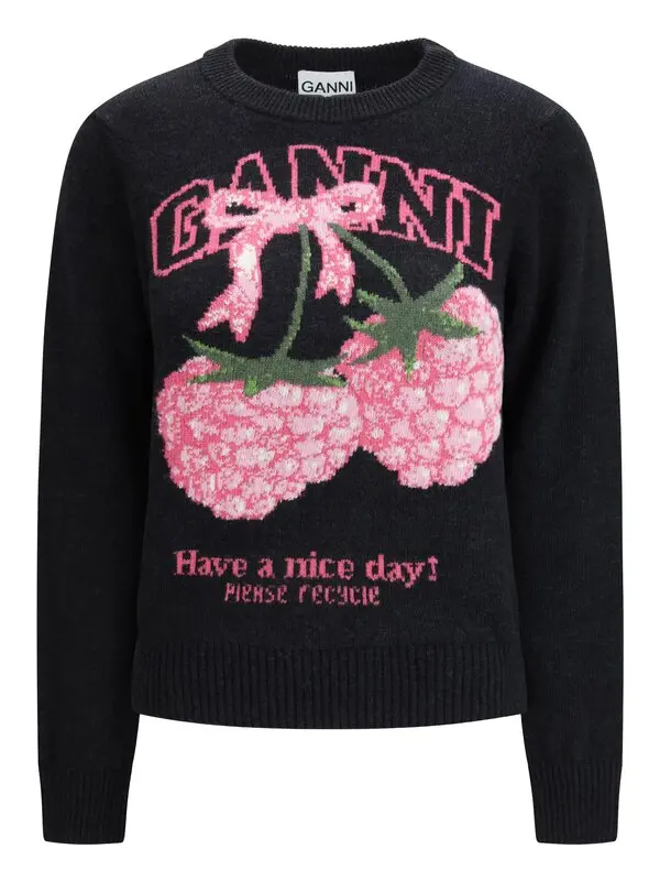 GANNI Raspberry Graphic Print Crew Neck Sweater - Gray