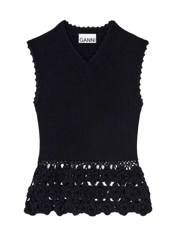 GANNI V-neck Crochet Detail Vest - Black