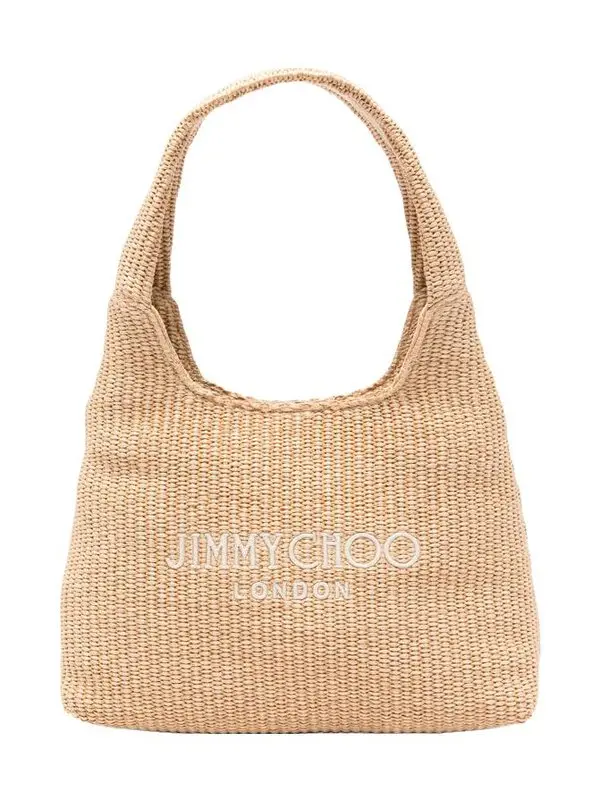 JIMMY CHOO Raffia Shoulder Bag With Embroidered Logo - Cream