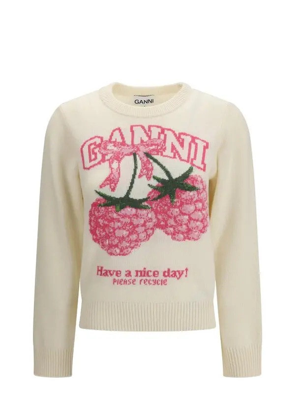 GANNI Crewneck Sweatshirt With Raspberry Print And Rhinestone Embellishments - Multicolor