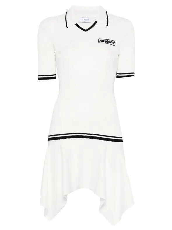 Off-White Ribbed Knit A-line Dress With Logo Patch - White