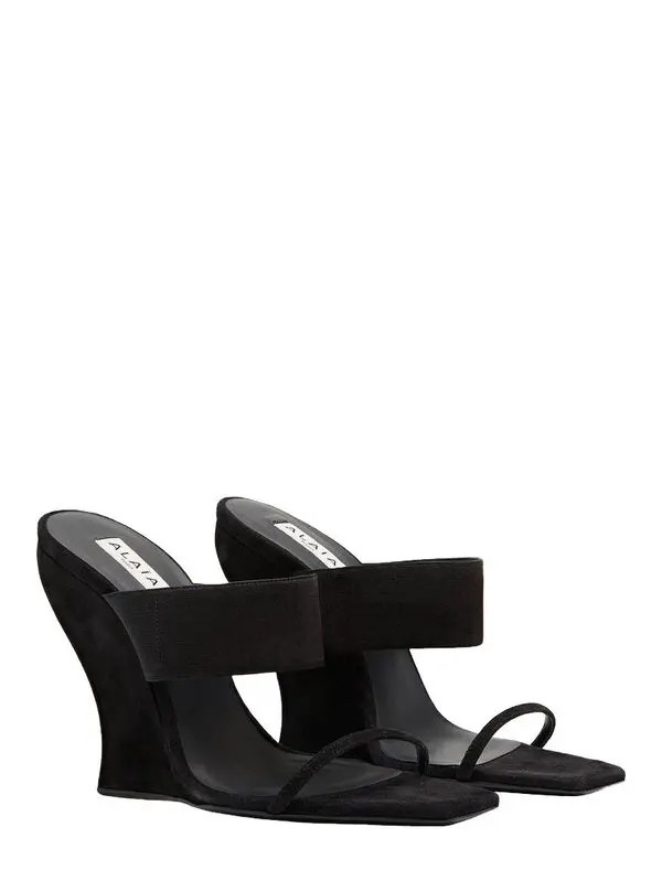 Alaïa Suede Curved Wedge Square Toe Sandals - Black