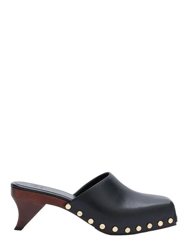 GANNI Leather Square Toe Sculptural Heel Studded Mule Sabots - Black