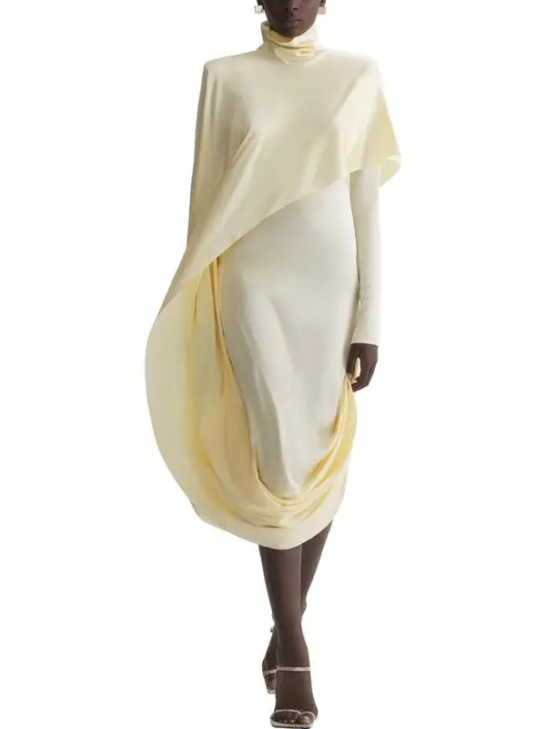 MUGLER Draped High Neck Midi Dress - Cream