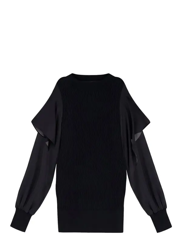 Sacai Cotton Ribbed Knit Sweater With Voile Sleeves - Black