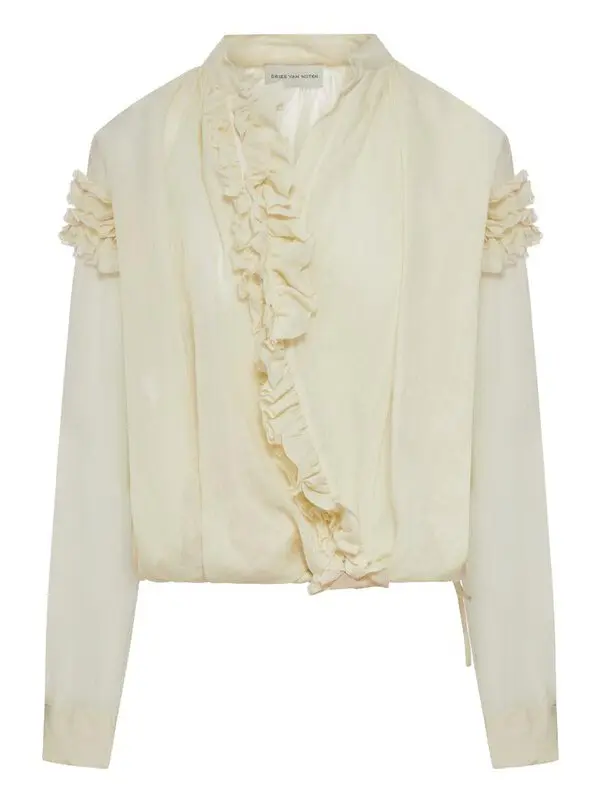 Dries Van Noten Ramie Blouse With Ruffles And Crossover Neckline - Cream