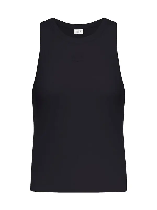 Celine Sleeveless Top In Ribbed Jersey With Triomphe Embroidery - Black