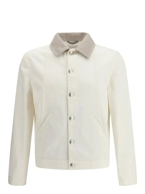 Brunello Cucinelli Cotton Denim Jacket With Suede Collar - White