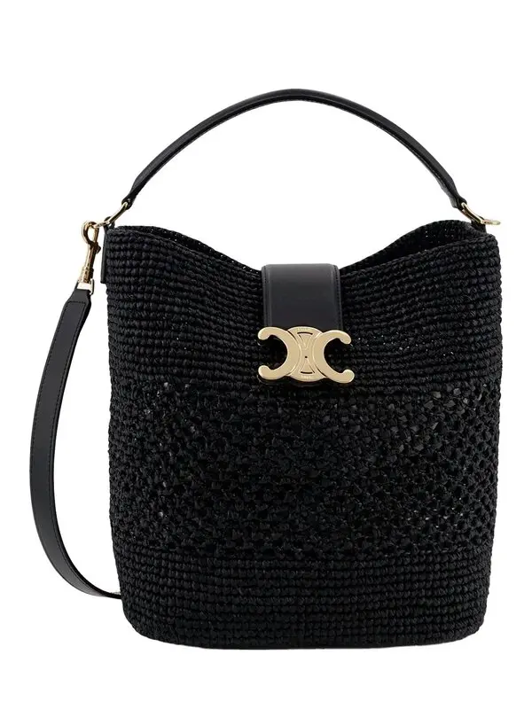 Celine Medium Raffia Bucket Bag With Triomphe Logo - Black