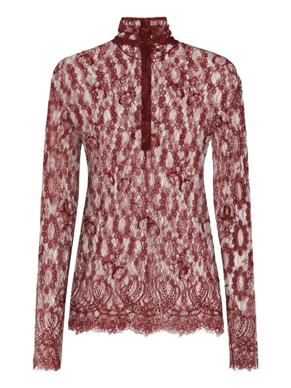 Dolce & Gabbana Chantilly Lace High Neck Long Sleeve Top - Multicolor