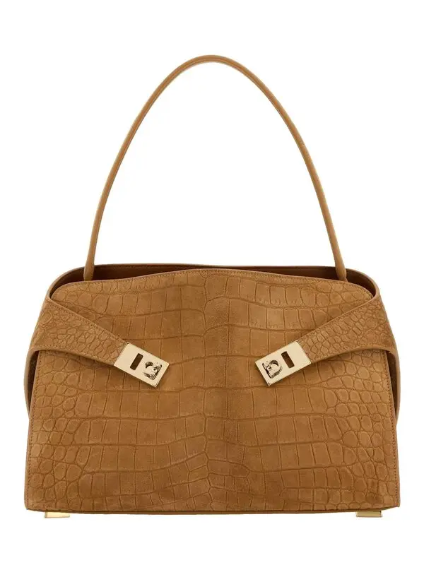 FERRAGAMO Camel Suede Medium Hug Soft Shoulder Bag - Brown