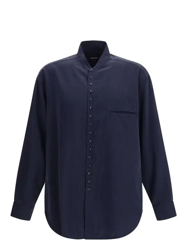 Giorgio Armani Washed Silk Shirt With Band Collar - Blue
